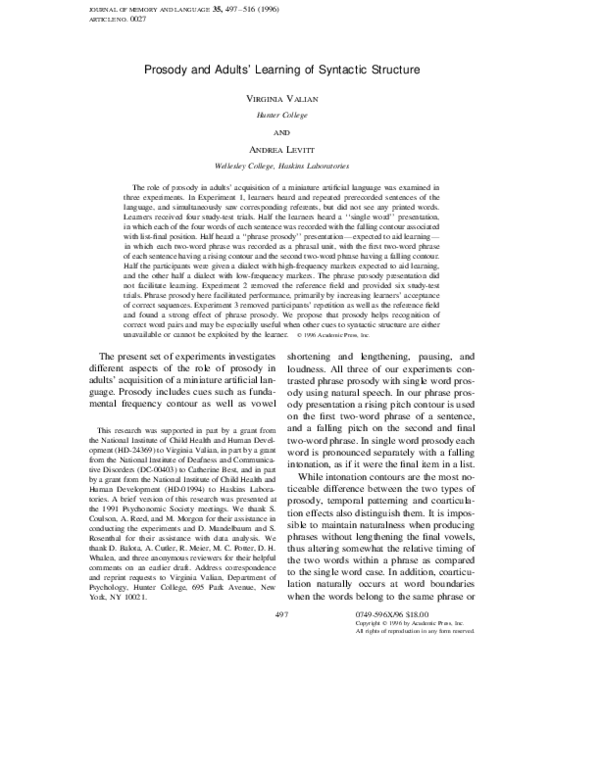 Pdf Prosody And Adults Learning Of Syntactic Structure Virginia Valian