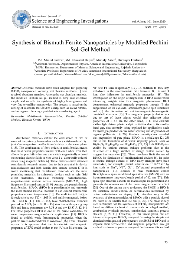 (PDF) Synthesis of Bismuth Ferrite Nanoparticles by Modified Pechini Sol-Gel Method