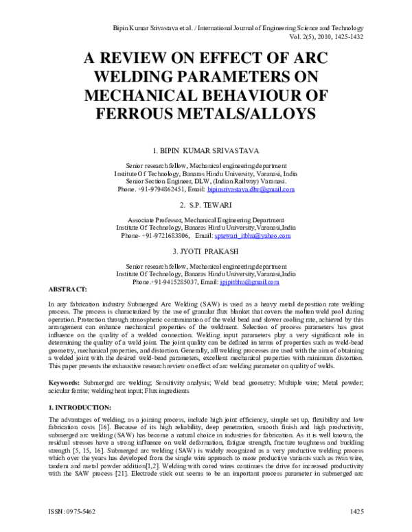 (PDF) A Review on Effect of Arc Welding Parameters on Mechanical ...