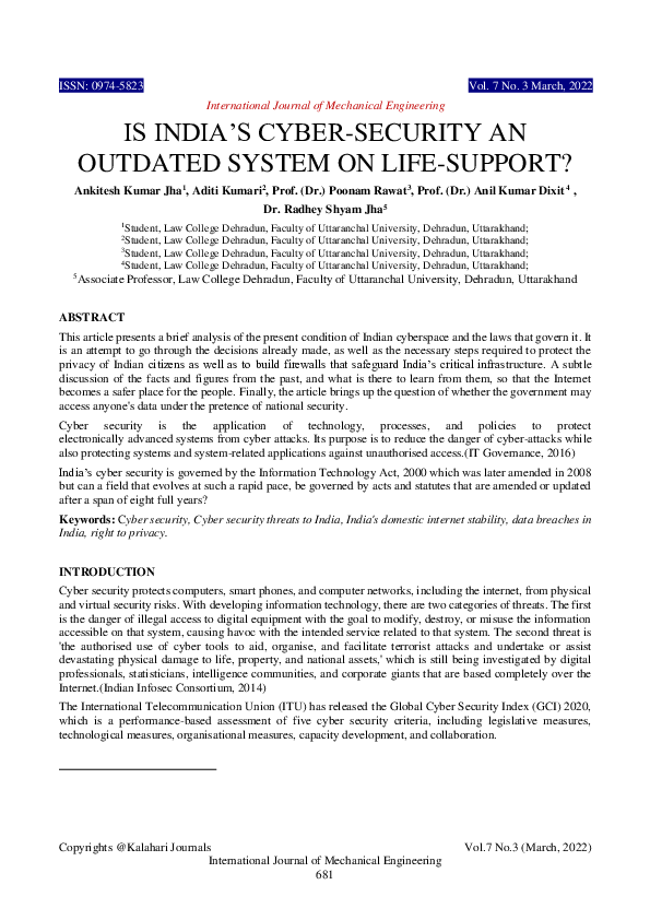 (PDF) IS INDIA'S CYBER-SECURITY AN OUTDATED SYSTEM ON LIFE-SUPPORT