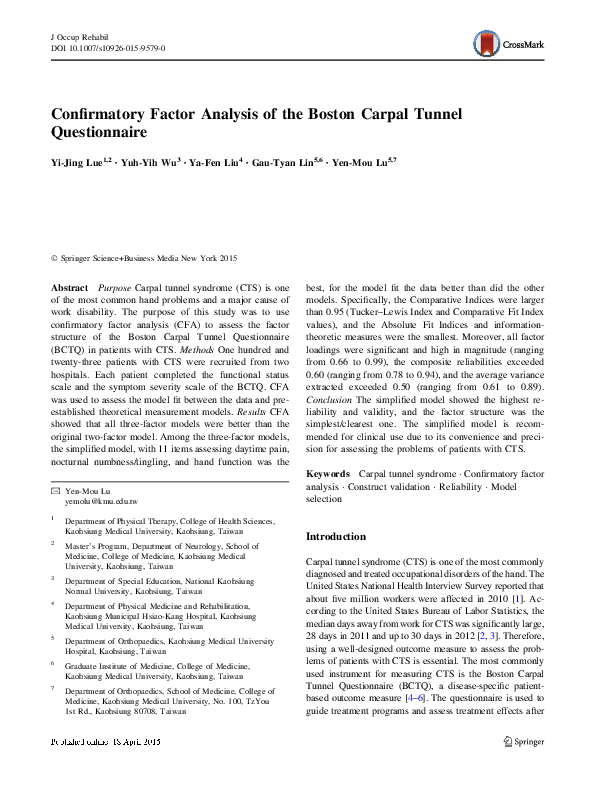 (PDF) Confirmatory Factor Analysis of the Boston Carpal Tunnel ...
