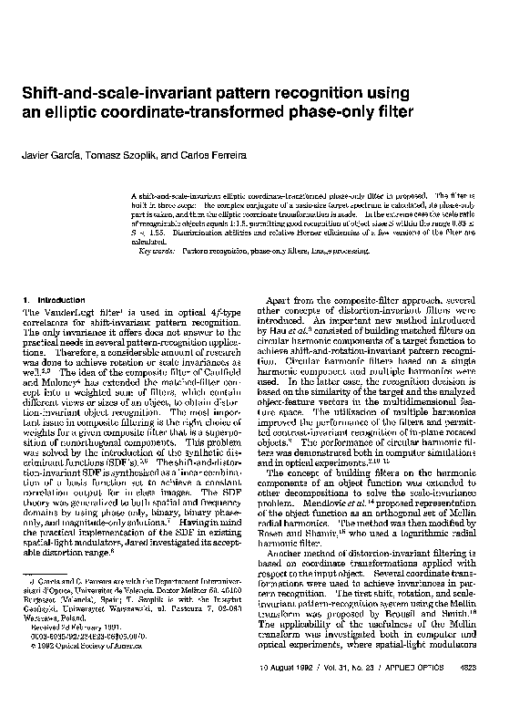 Pdf Shift And Scale Invariant Pattern Recognition Using An Elliptic Coordinate Transformed