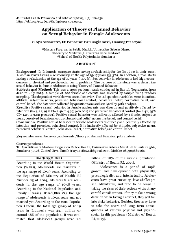 (PDF) Application of Theory of Planned Behavior on Sexual Behavior in Female Adolescents