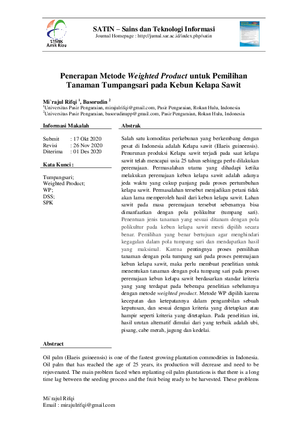 Pdf Penerapan Metode Weighted Product Untuk Pemilihan Tanaman