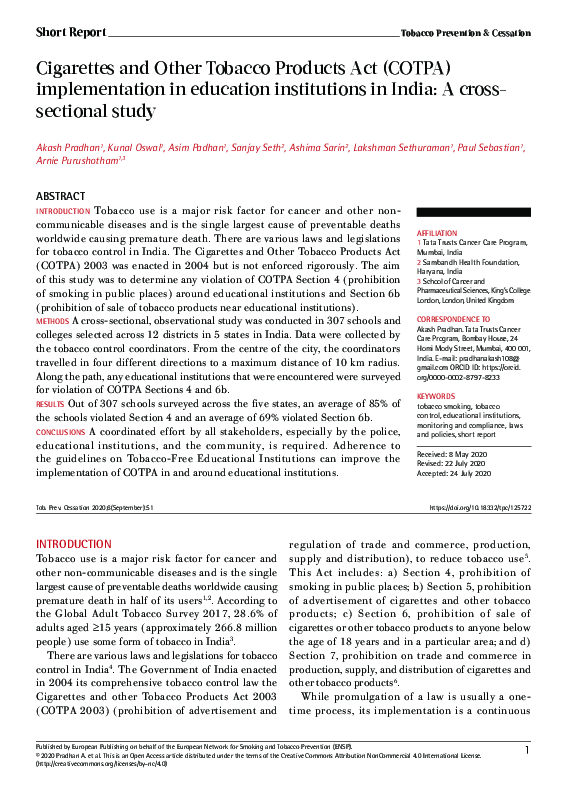 (PDF) Cigarettes and Other Tobacco Products Act (COTPA) implementation ...