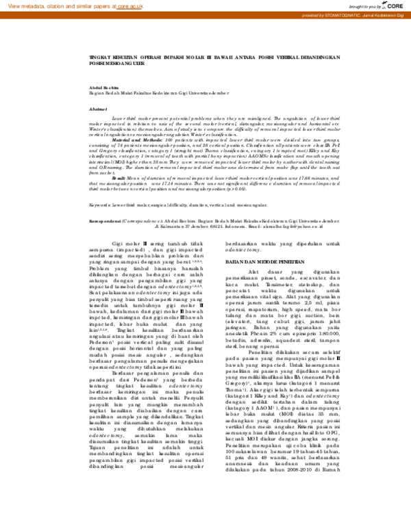 (PDF) Tingkat Kesulitan Operasi Impaksi Molar III Bawah Antara Posisi ...