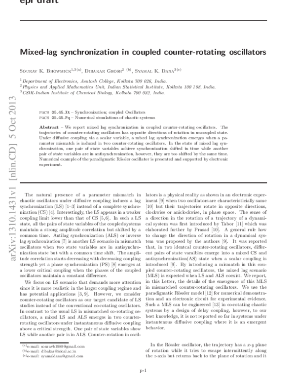 (PDF) Mixed-lag synchronization in coupled counter-rotating oscillators