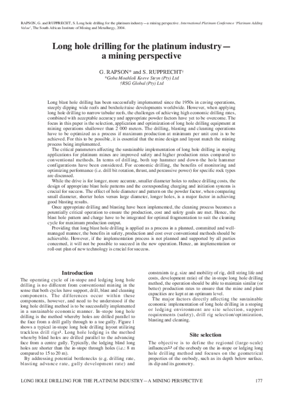 (PDF) Long hole drilling for the platinum industry— a mining perspective
