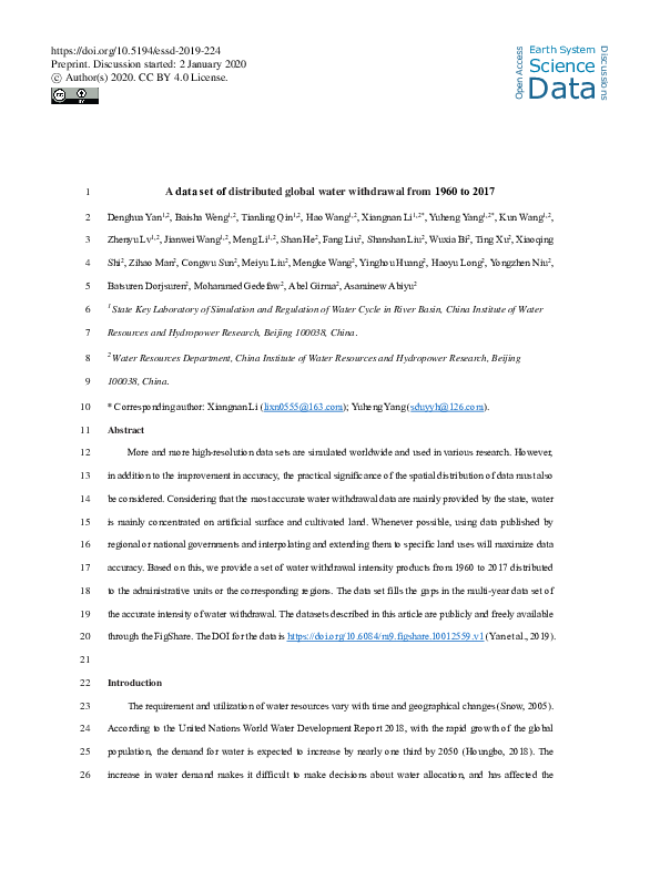 (PDF) A dataset of distributed global water withdrawal from 1960 to 2017