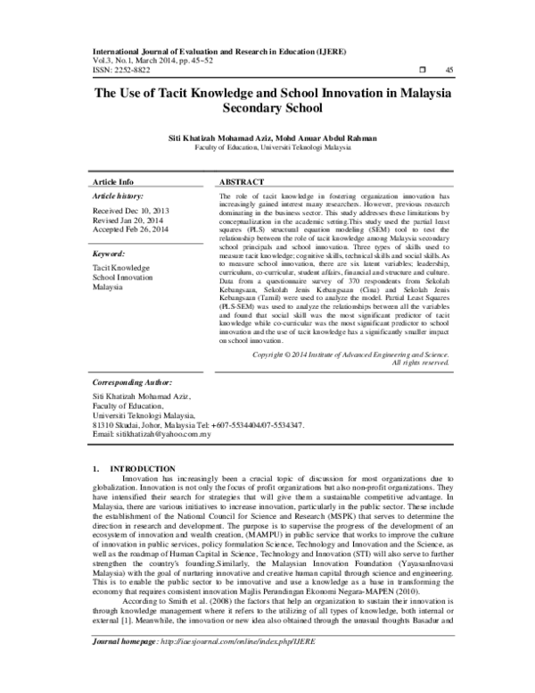 (PDF) The Use of Tacit Knowledge and School Innovation in Malaysia Secondary School