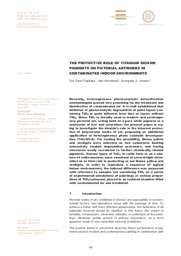 (PDF) e-PRESERVATIONScience published by THE PROTECTIVE ROLE OF TITANIUM DIOXIDE PIGMENTS ON ...