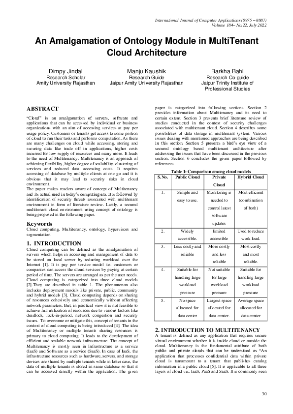 (PDF) An Amalgamation of Ontology Module in MultiTenant Cloud Architecture | Dimpy Jindal ...