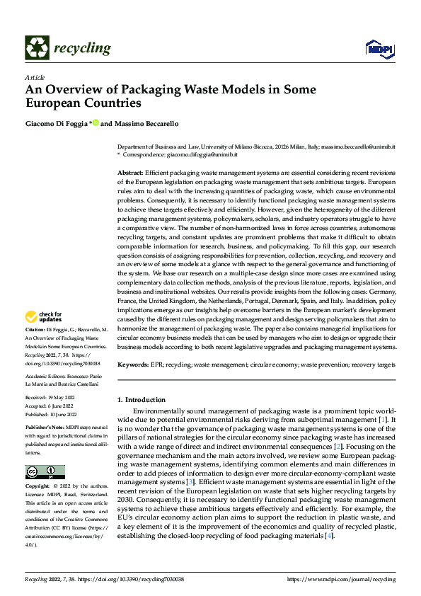 (PDF) An Overview of Packaging Waste Models in Some European Countries