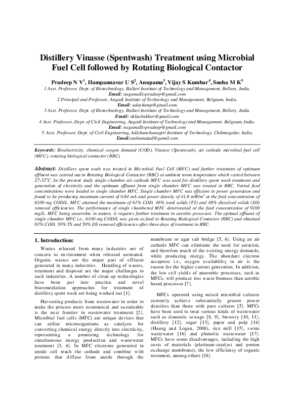 (PDF) Distillery Vinasse (Spentwash) Treatment using Microbial Fuel ...