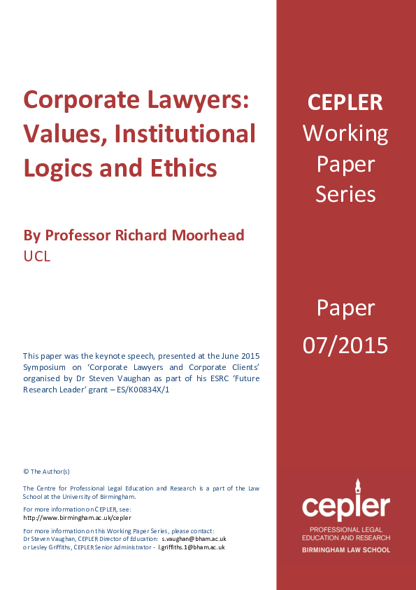 (PDF) Corporate Lawyers: Values, Institutional Logics and Ethics
