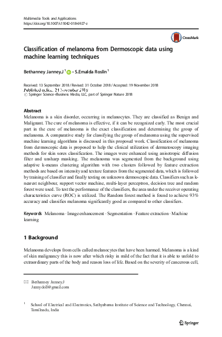 (PDF) Classification of melanoma from Dermoscopic data using machine learning techniques