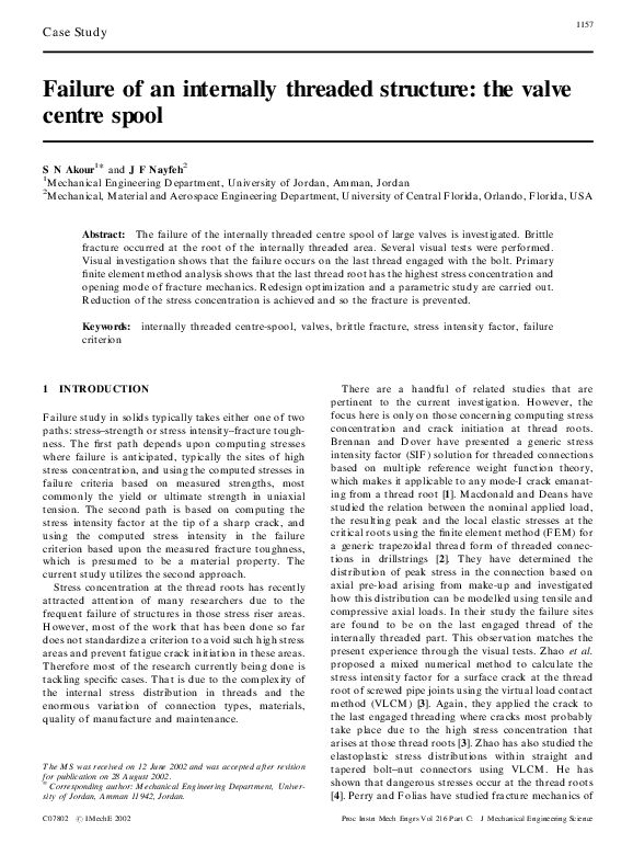 (PDF) Failure of an internally threaded structure: The valve centre spool