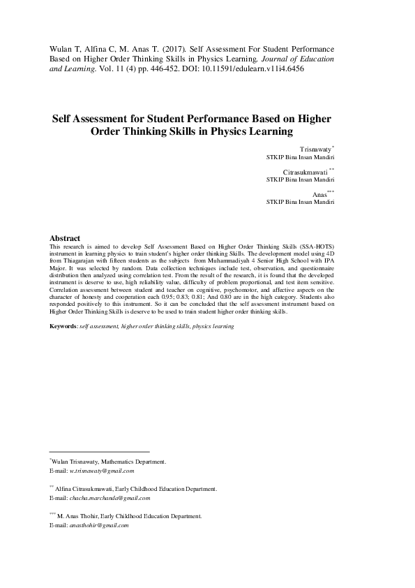 (PDF) Self Assessment For Student Performance Based on Higher Order Thinking Skills in Physics ...