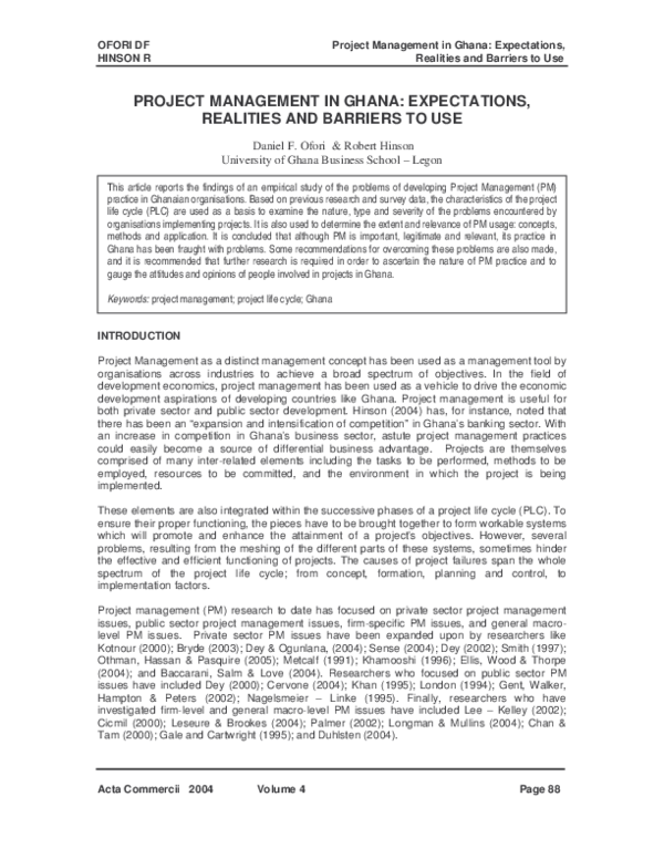 (PDF) Project management in Ghana: Expectations, realities and barriers ...