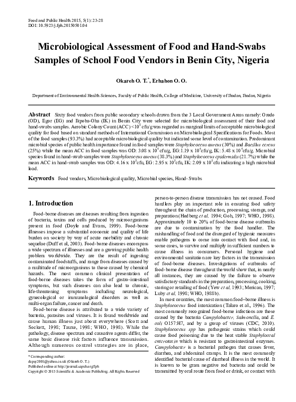 (PDF) Microbiological Assessment of Food and Hand-Swabs Samples of ...