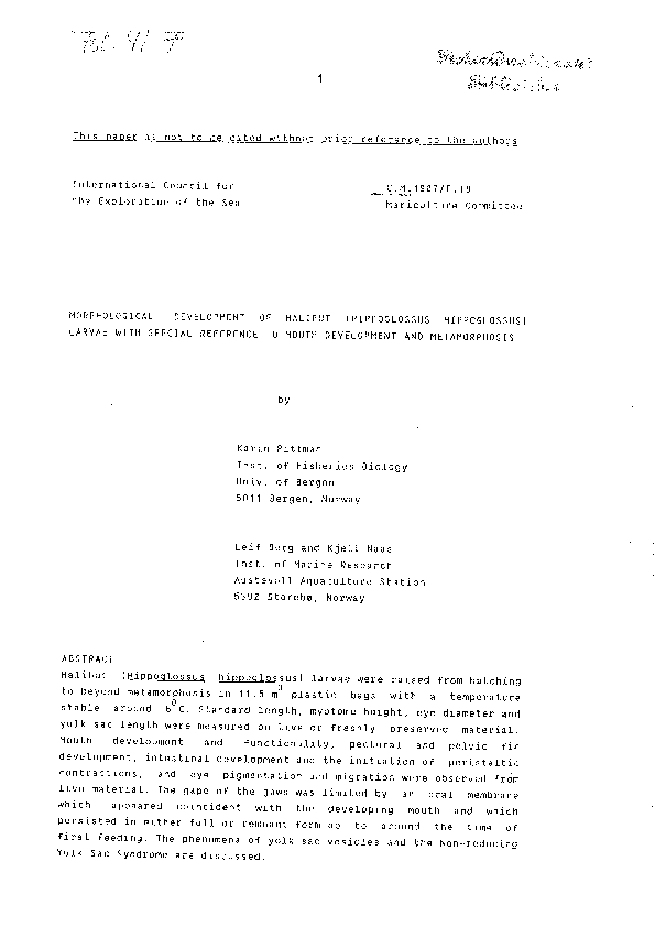 (PDF) Morphological development of halibut (Hippoglossus hippoglossus ...