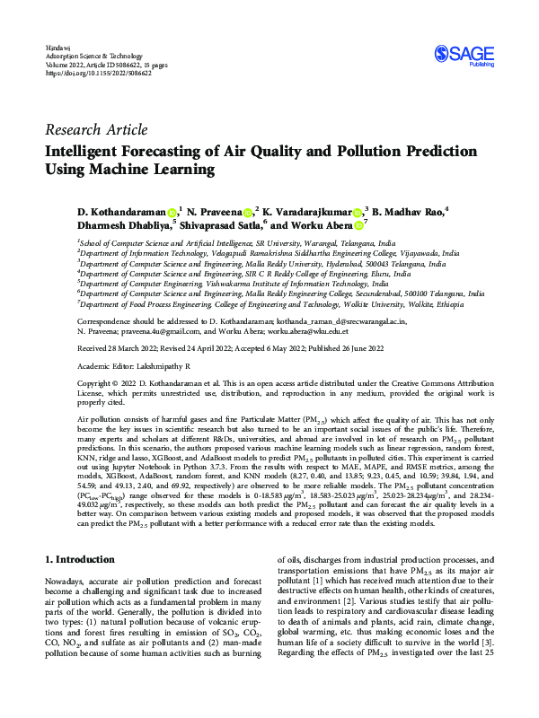 Pdf Intelligent Forecasting Of Air Quality And Pollution Prediction Using Machine Learning