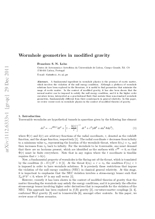 (PDF) Wormhole geometries in modified gravity | Francisco Lobo - Academia.edu