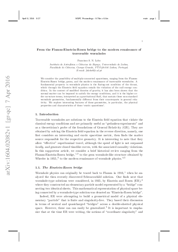 (PDF) From the Flamm–Einstein–Rosen bridge to the modern renaissance of ...