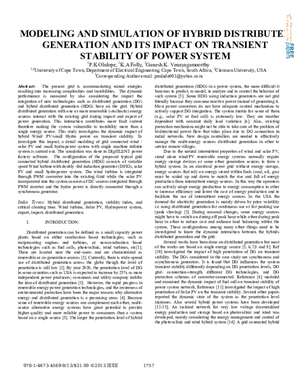 (PDF) Modeling and simulation of hybrid distributed generation and its impact on transient ...