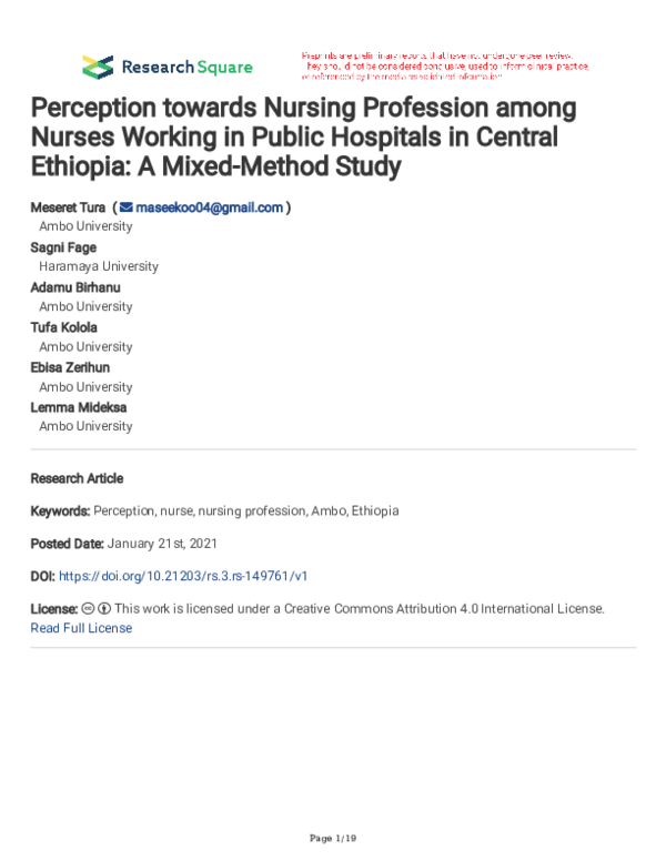 (PDF) Perception towards Nursing Profession among Nurses Working in Public Hospitals in Central ...