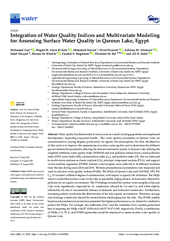 Pdf Integration Of Water Quality Indices And Multivariate Modeling For Assessing Surface Water