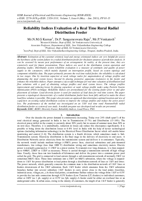(PDF) Reliability Indices Evaluation of a Real Time Rural Radial Distribution Feeder