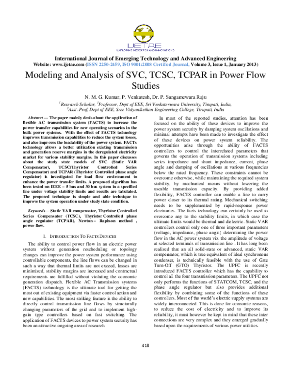(PDF) Modeling and Analysis of SVC, TCSC, TCPAR in Power Flow Studies