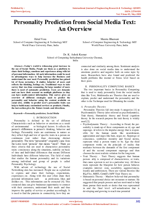 (PDF) Personality Prediction from Social Media Text: An Overview
