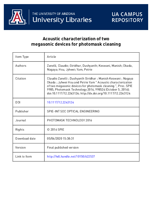 (PDF) Acoustic characterization of two megasonic devices for photomask ...