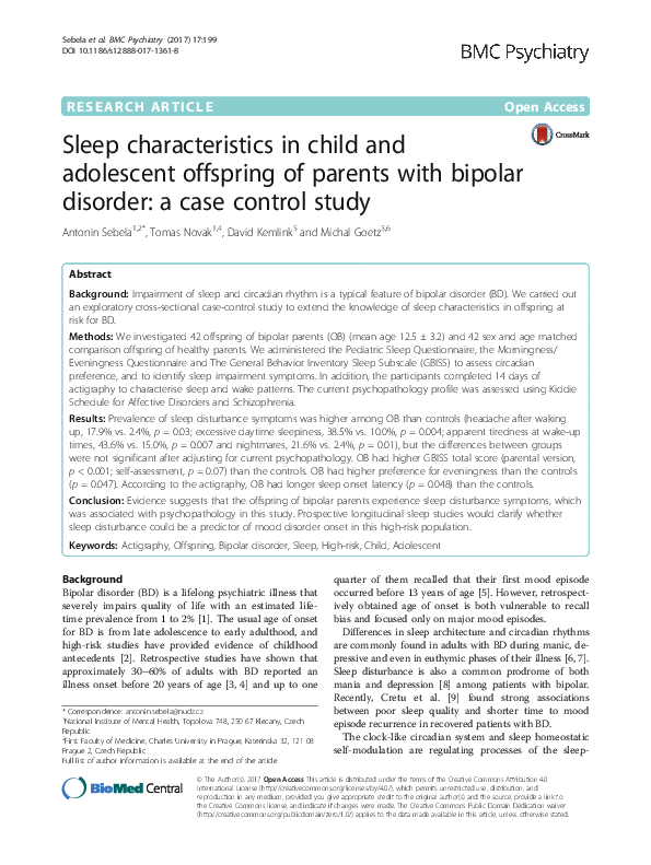 (PDF) Sleep characteristics in child and adolescent offspring of parents with bipolar disorder ...