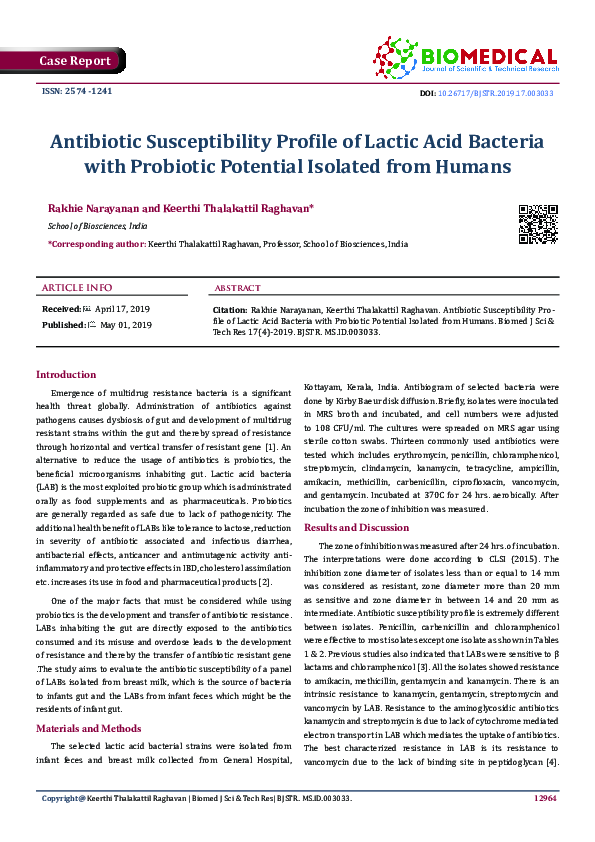 (PDF) Antibiotic Susceptibility Profile of Lactic Acid Bacteria with ...