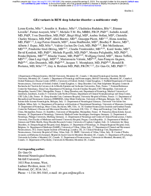 (PDF) GBA variants in REM sleep behavior disorder: a multicenter study