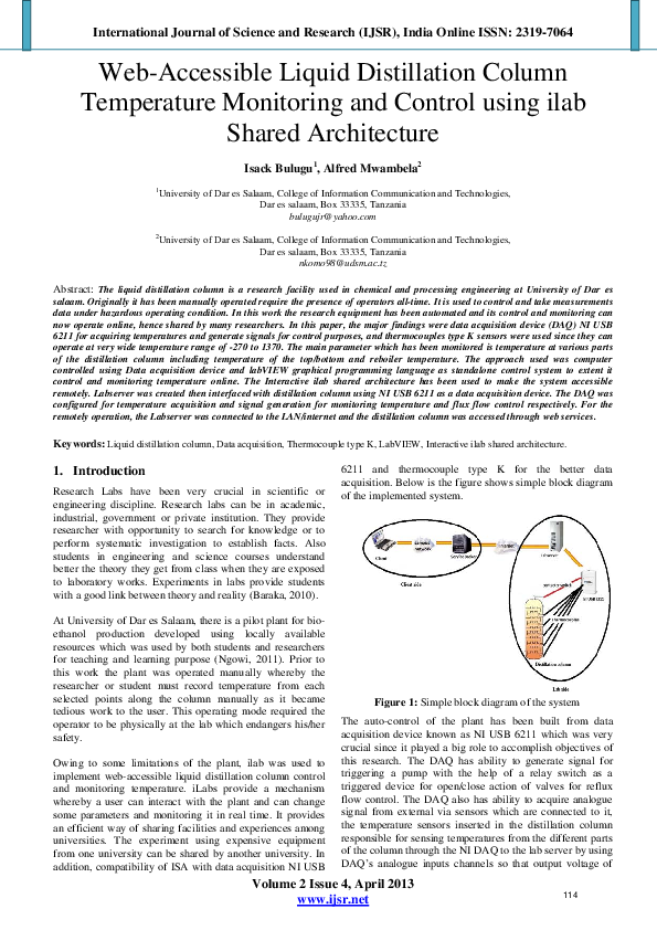 (PDF) Web-Accessible Liquid Distillation Column Temperature Monitoring and Control using ilab ...