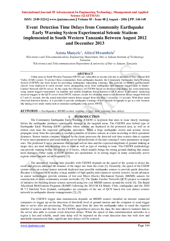 (PDF) Event Detection Time Delays from Community Earthquake Early Warning System Experimental ...