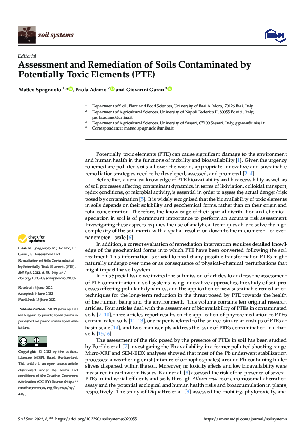 (PDF) Assessment and Remediation of Soils Contaminated by Potentially Toxic Elements (PTE)