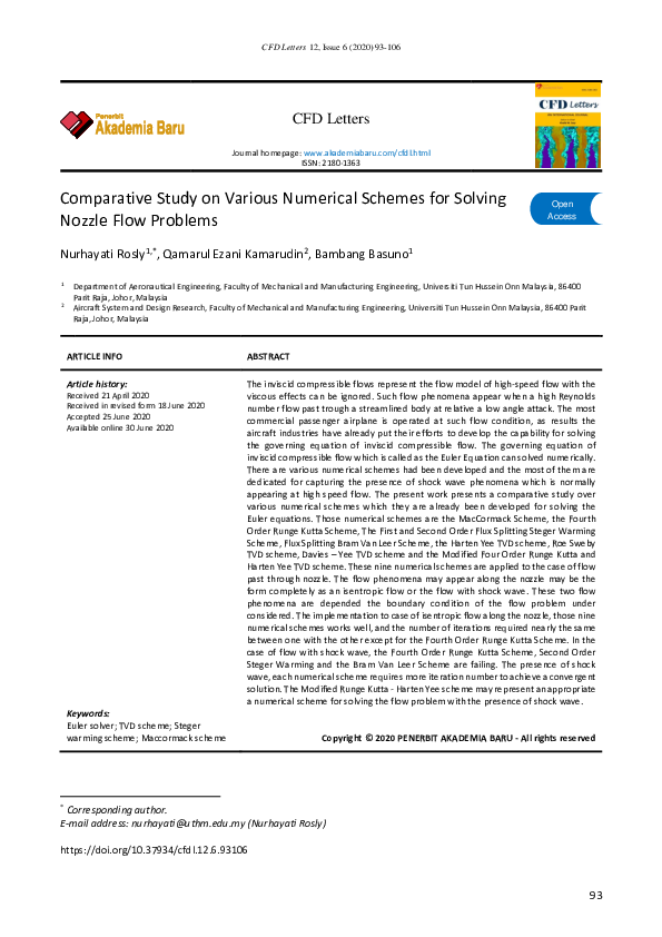 (PDF) Comparative Study on Various Numerical Schemes for Solving Nozzle Flow Problems