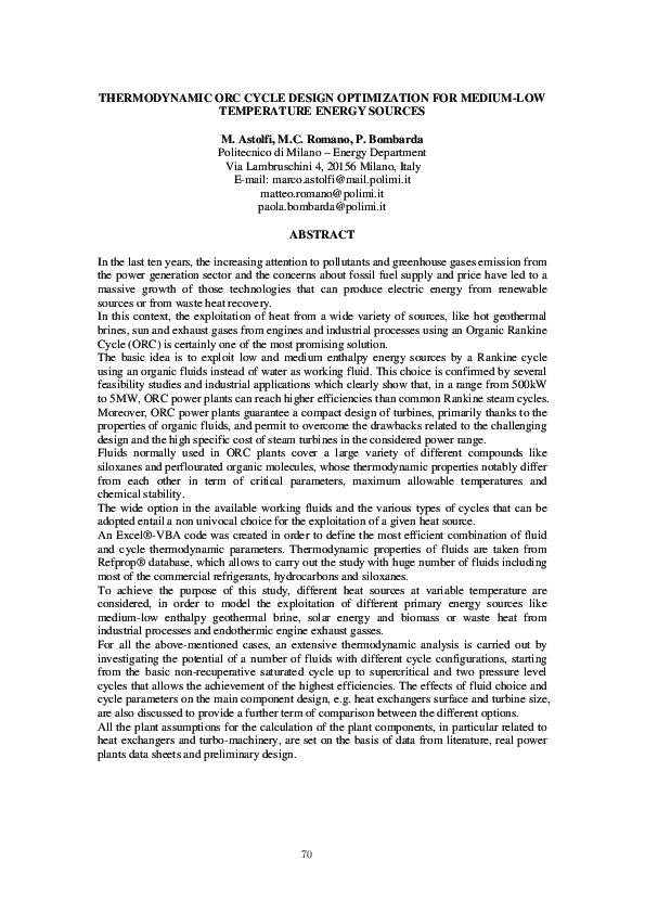 Pdf Thermodynamic Orc Cycle Design Optimization For Medium Low Temperature Energy Sources