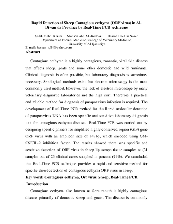 (PDF) Rapid Detection of Sheep Contagious ecthyma (ORF virus) in Al ...