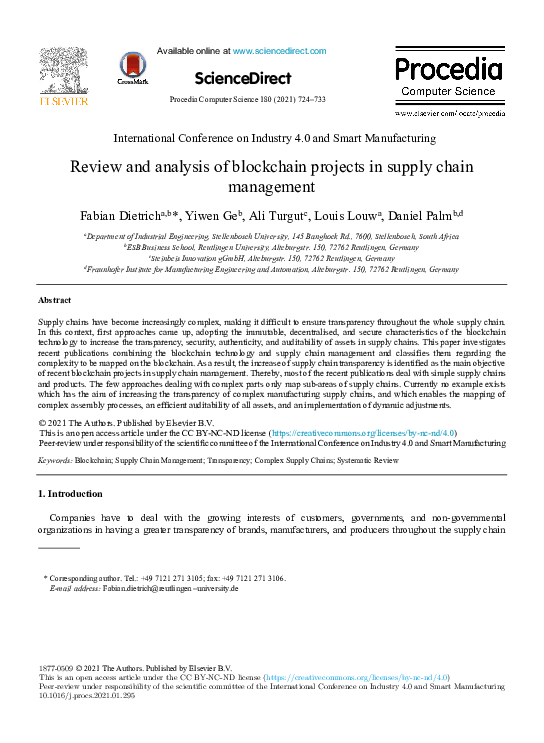 (PDF) Review and analysis of blockchain projects in supply chain management