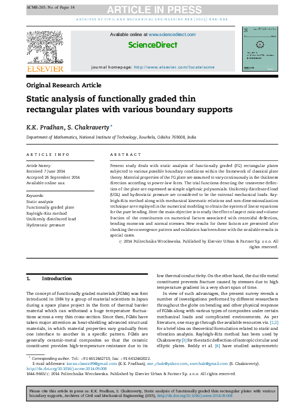 Pdf Static Analysis Of Functionally Graded Thin Rectangular Plates With Various Boundary Supports