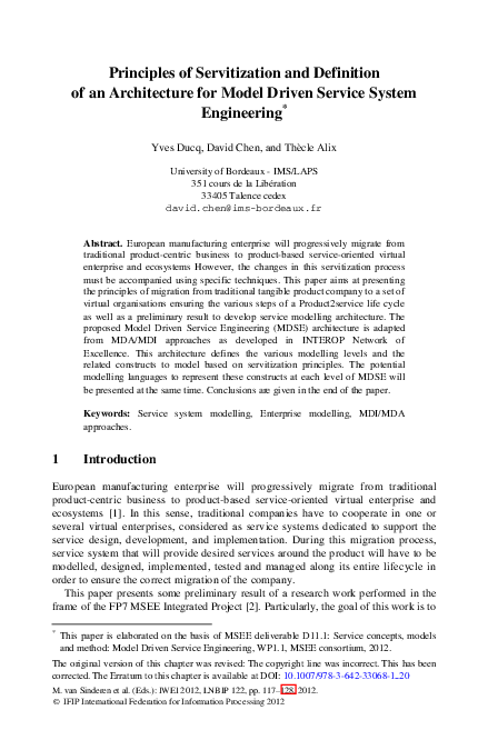(PDF) Principles of Servitization and Definition of an Architecture for ...