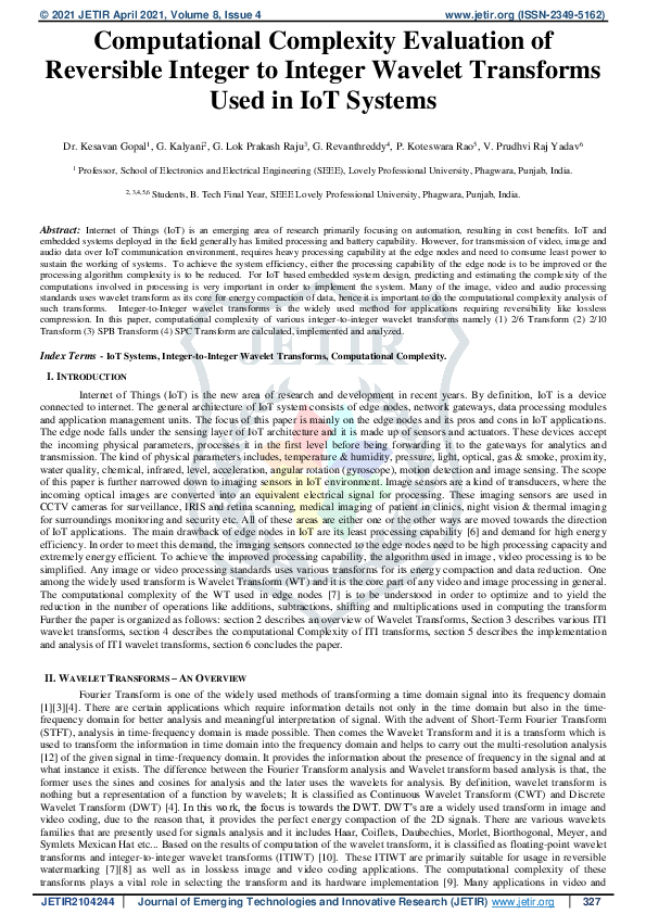 Pdf Computational Complexity Evaluation Of Reversible Integer To Integer Wavelet Transforms