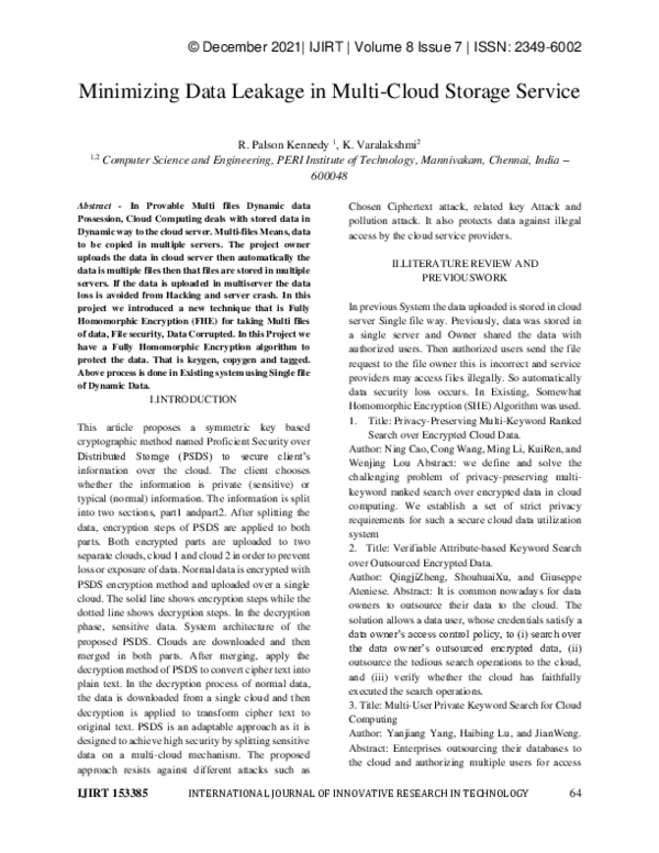 (PDF) Minimizing Data Leakage In Multi-Cloud Storage Service