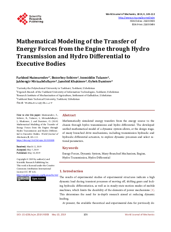 (PDF) Modeling Energy Transfer in Hydro Transmissions and Differentials